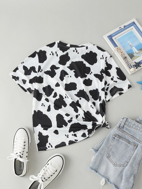 SHEIN LUNE Cow Print Round Neck Tee | SHEIN UK