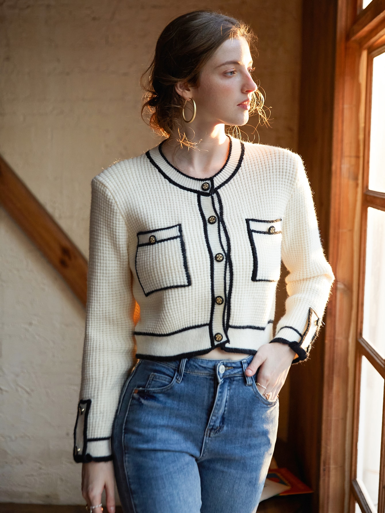Knit Mix Button Through Pocket Front Crop Cardigan
