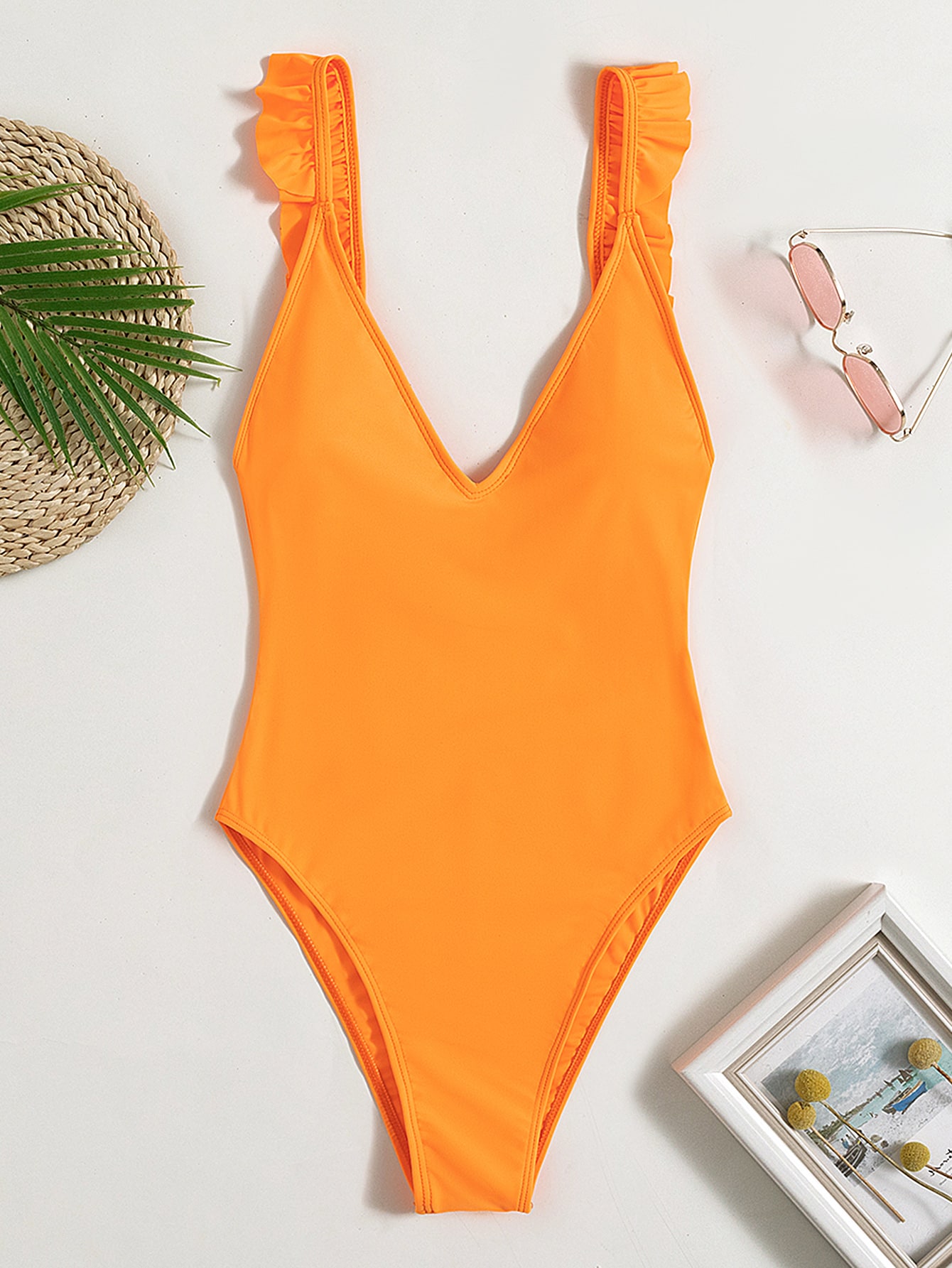 Solid Ruffle Trim One Piece Swimsuit Shein Uk