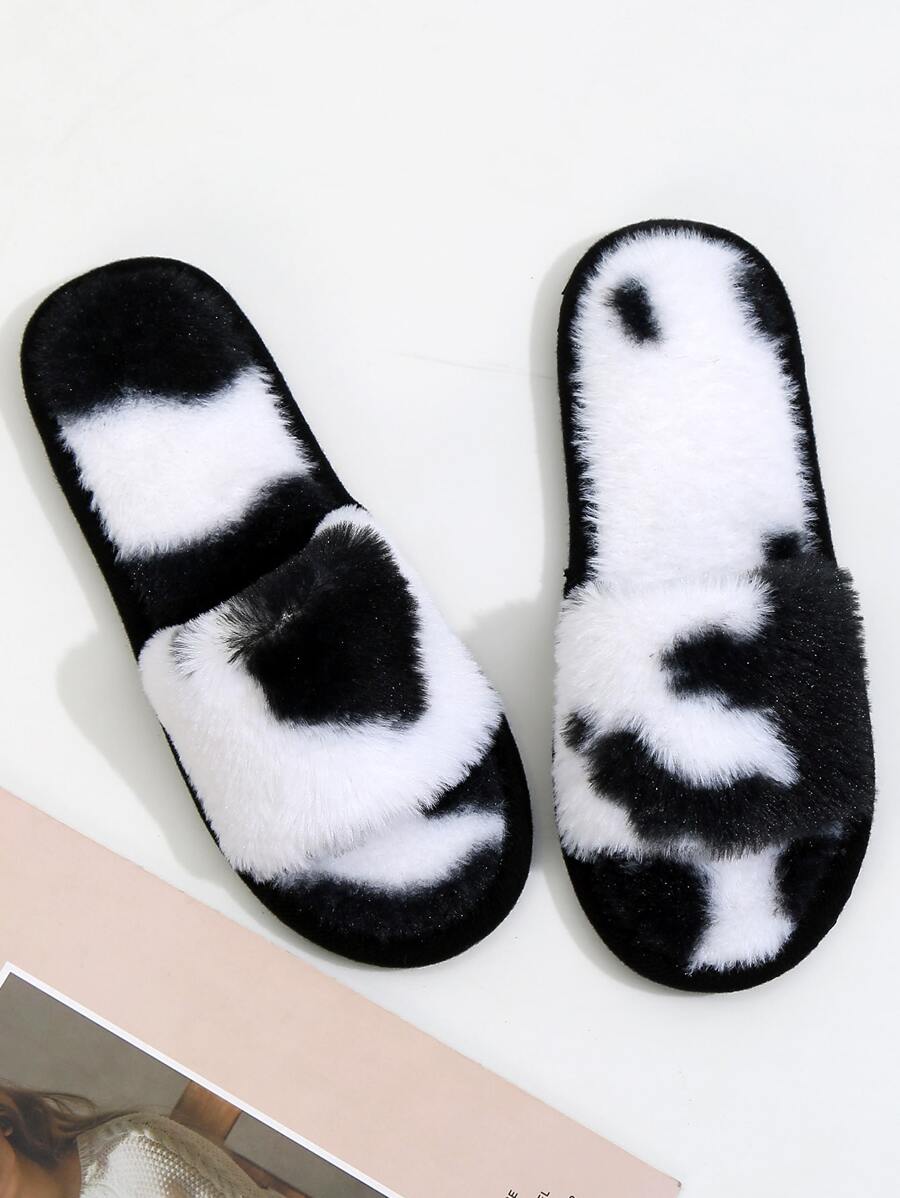 Cow Print Fuzzy Bedroom Slippers,Winter Slippers Women's Home Indoor ...