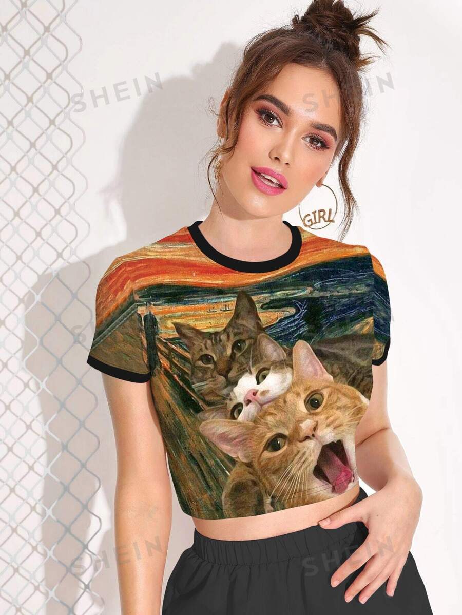 SHEIN EZwear Cat Print Crop Tee | SHEIN UK