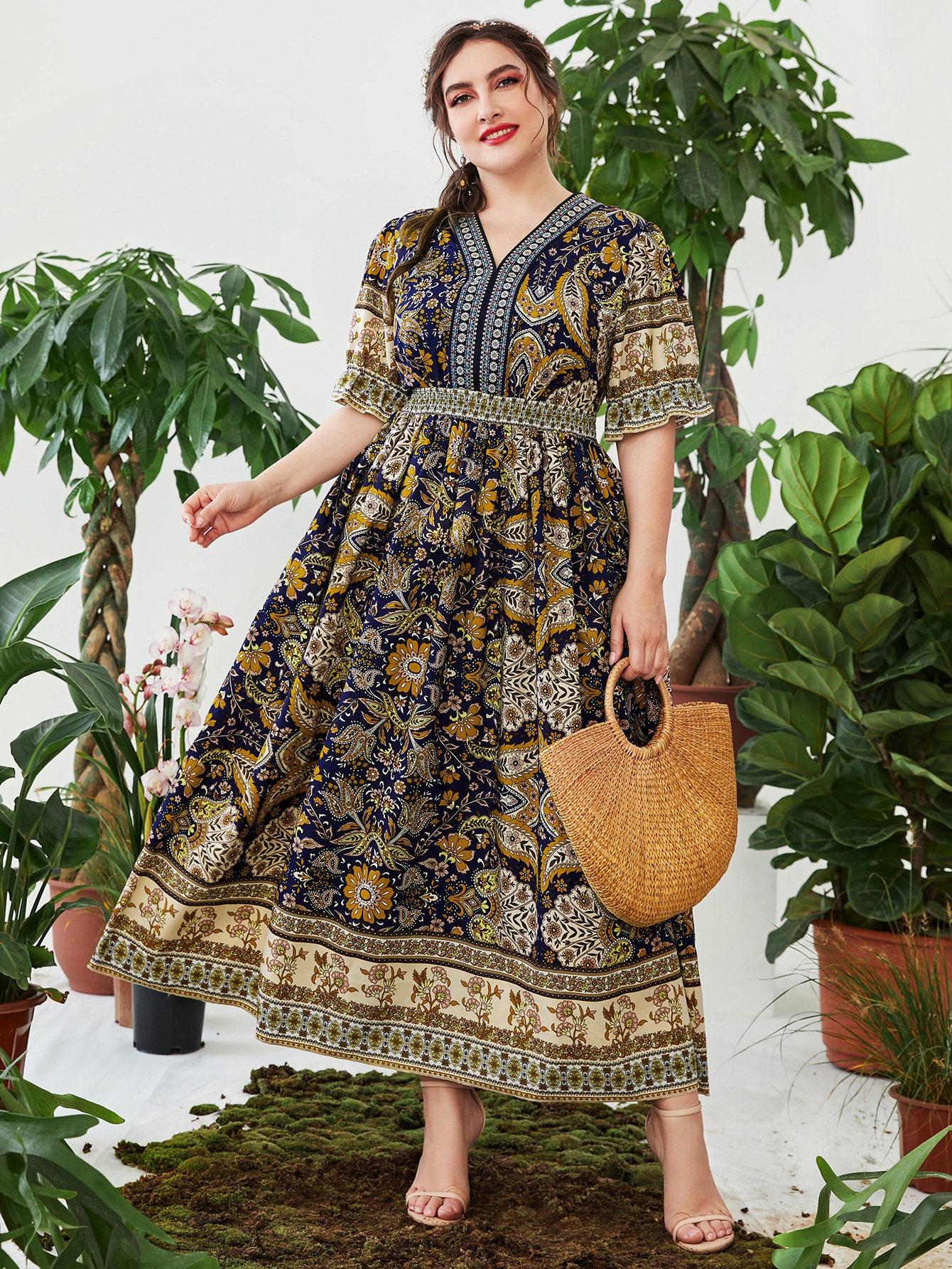 SHEIN Modely Vestido con estampado floral con paisley de manga farol ...