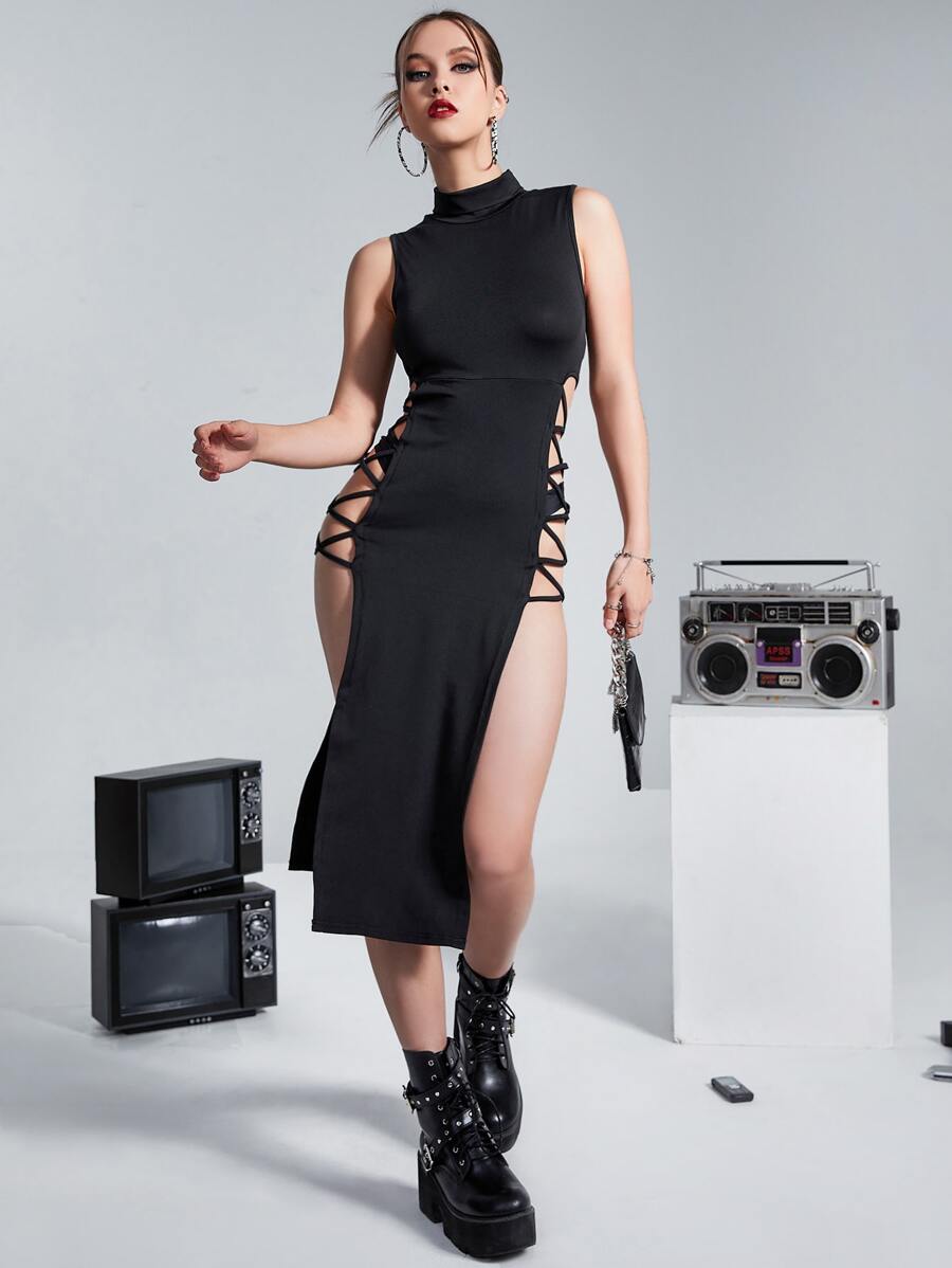 SHEIN Unity Mock Neck Lace Up Side Split Thigh Dress Without Panty Maxi ...