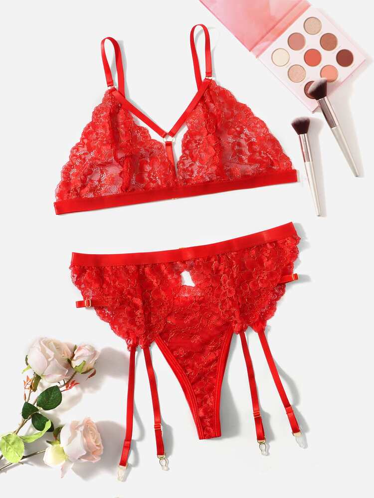 3 Packe Dessous Set Mit Blumenspitze Bügel Strumpfband German Shein