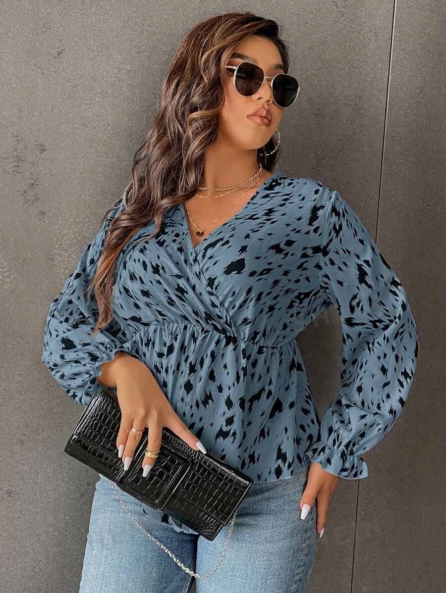 Shein Essnce Plus Allover Print Flounce Sleeve Peplum Blouse For Sale