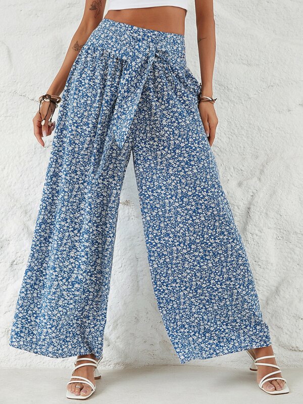 Ditsy Floral Print Wide Leg Belted Pants Shein Usa
