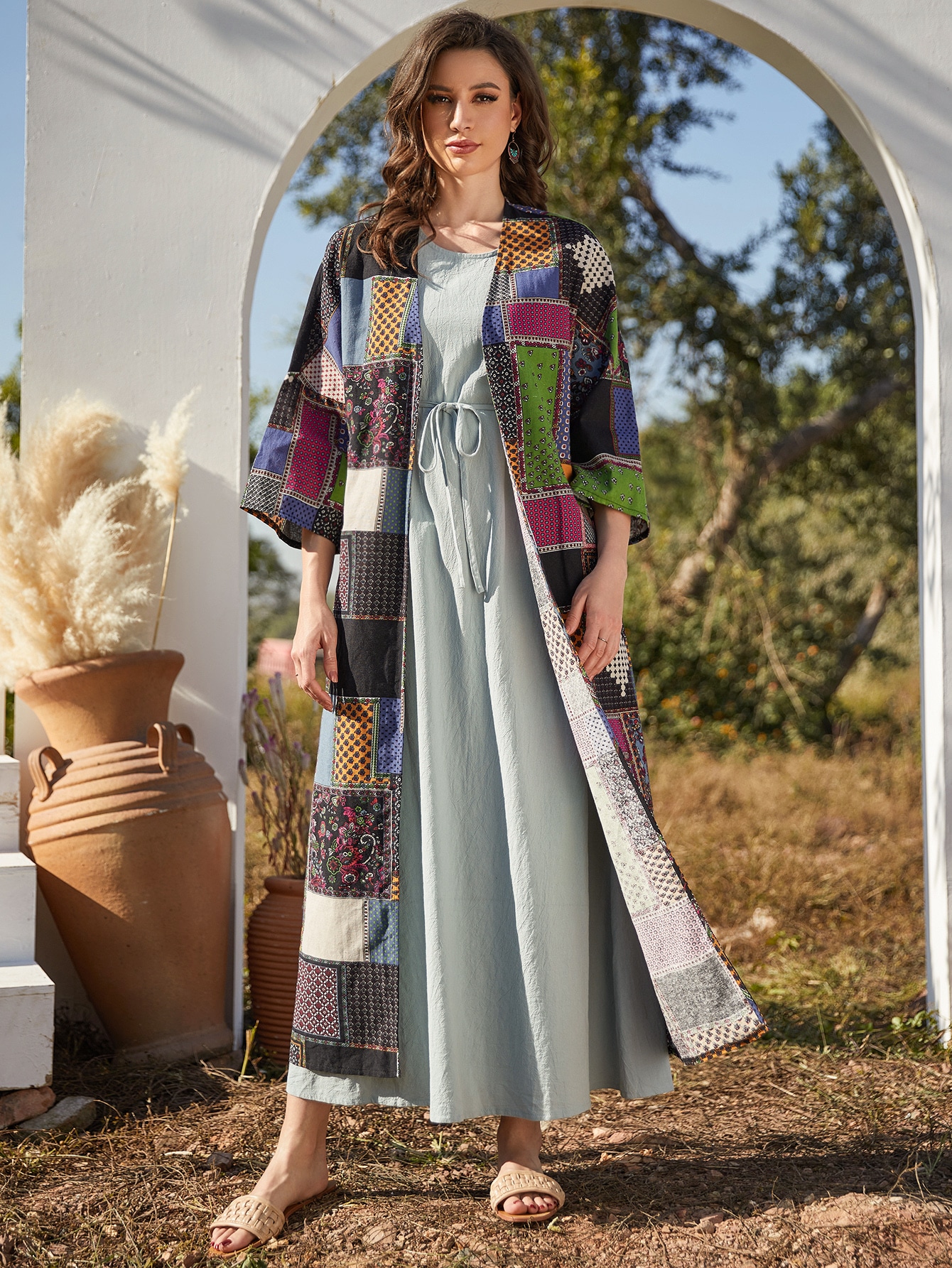 Patchwork Print Longline Coat & Belted Tunic Dress