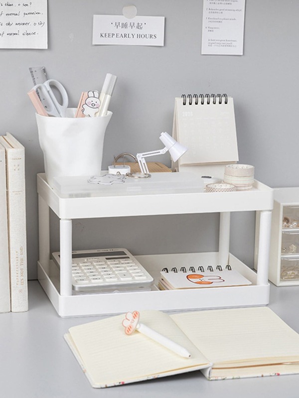 1pc Double Layer Desktop Storage Rack, Nordic Plastic White Desk ...
