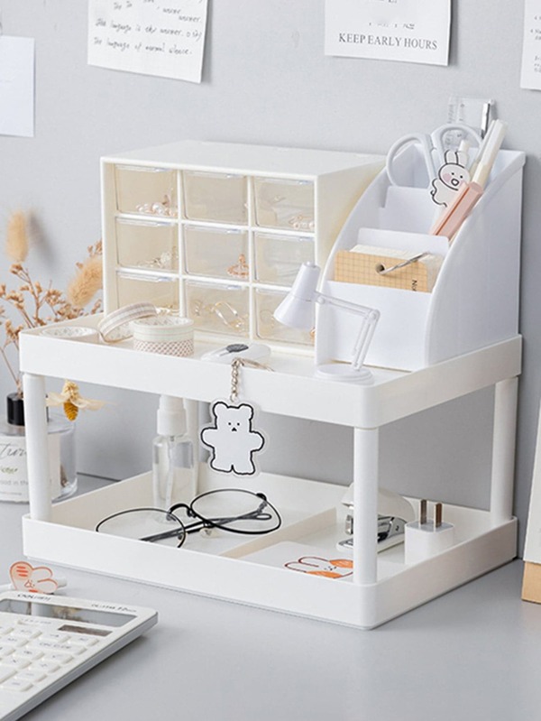 1pc Double Layer Desktop Storage Rack, Nordic Plastic White Desk ...