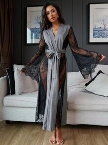 Eyelash Lace Panel Belted Night Robe | SHEIN USA