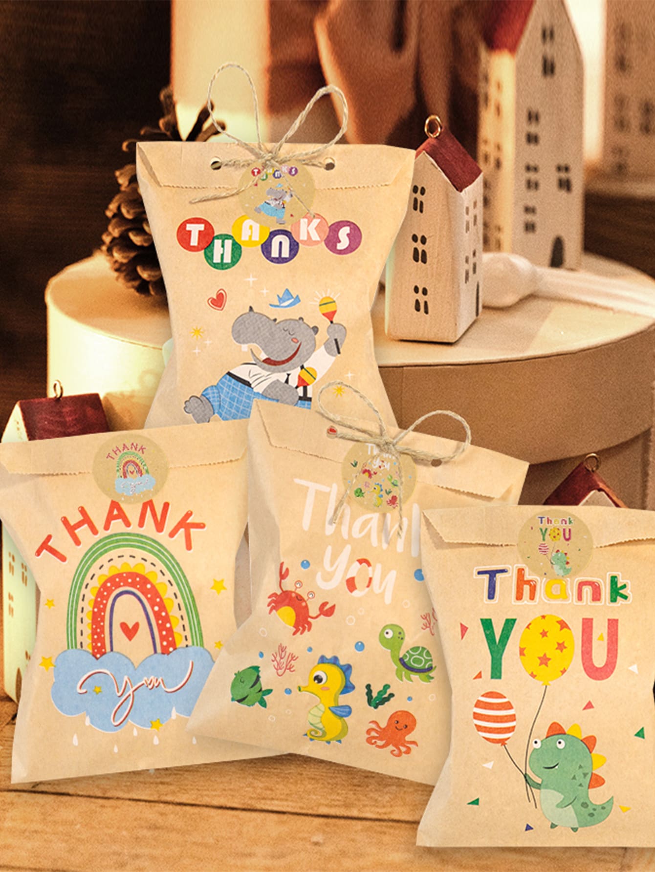 24pcs Gift Wrapping Bag & Sticker Set,Cute Cartoon Graphic Party Favor ...