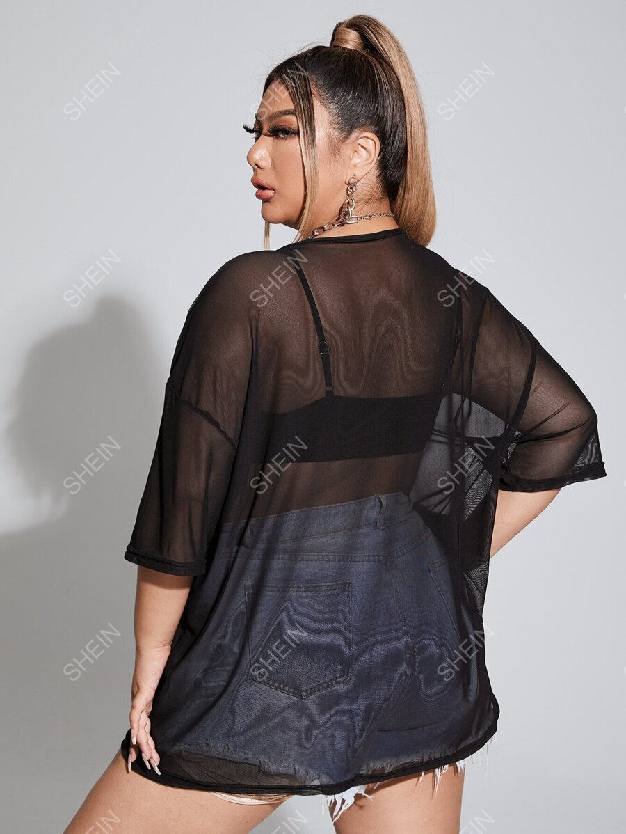 SHEIN ICON Plus Drop Shoulder See Through Mesh Top Without Bra | SHEIN EUR