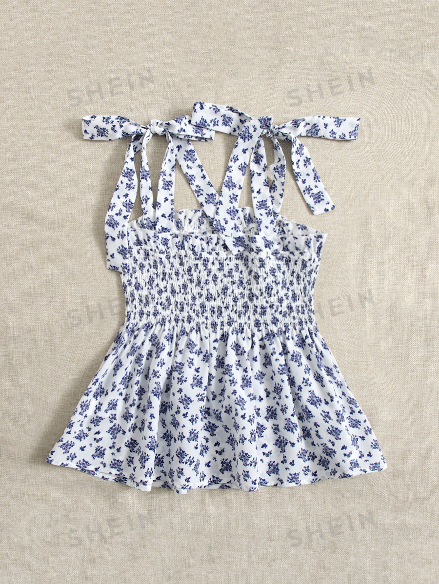 Shein Wywh Wywh Women Vacation Allover Floral Print Tie Shoulder Ruffle