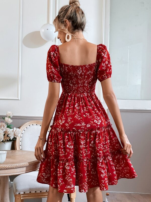SHEIN Frenchy Floral Print Puff Sleeve Shirred Layered Hem Dress for Sale Australia| New ...