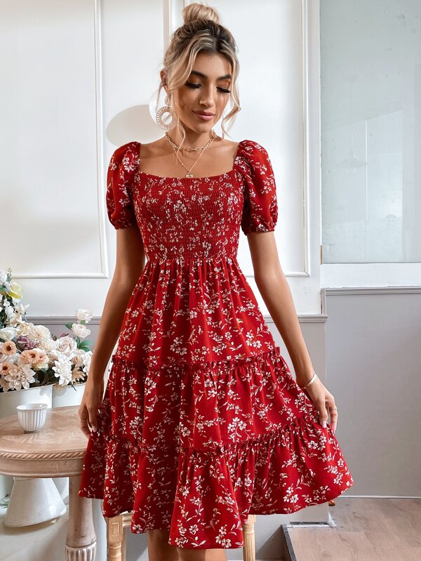 SHEIN Frenchy Floral Print Puff Sleeve Shirred Layered Hem Dress for Sale Australia| New ...