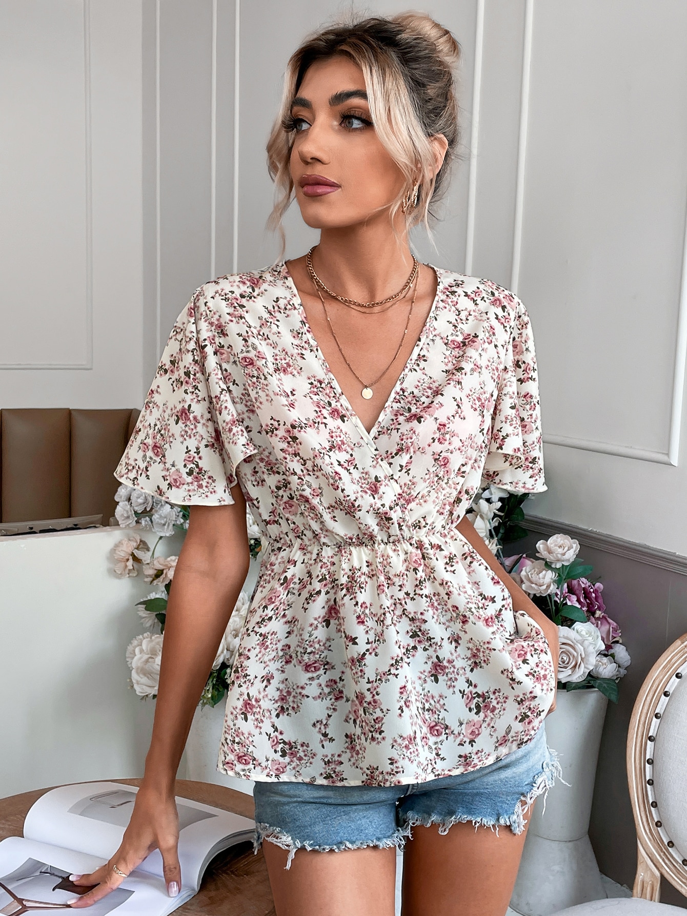 Bainha de Ruffle Embrulhar Florzinhas Boho Blusa | SHEIN Brasil