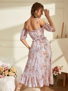 Random Floral Print Cold Shoulder Ruffle Hem Chiffon Dress | SHEIN USA