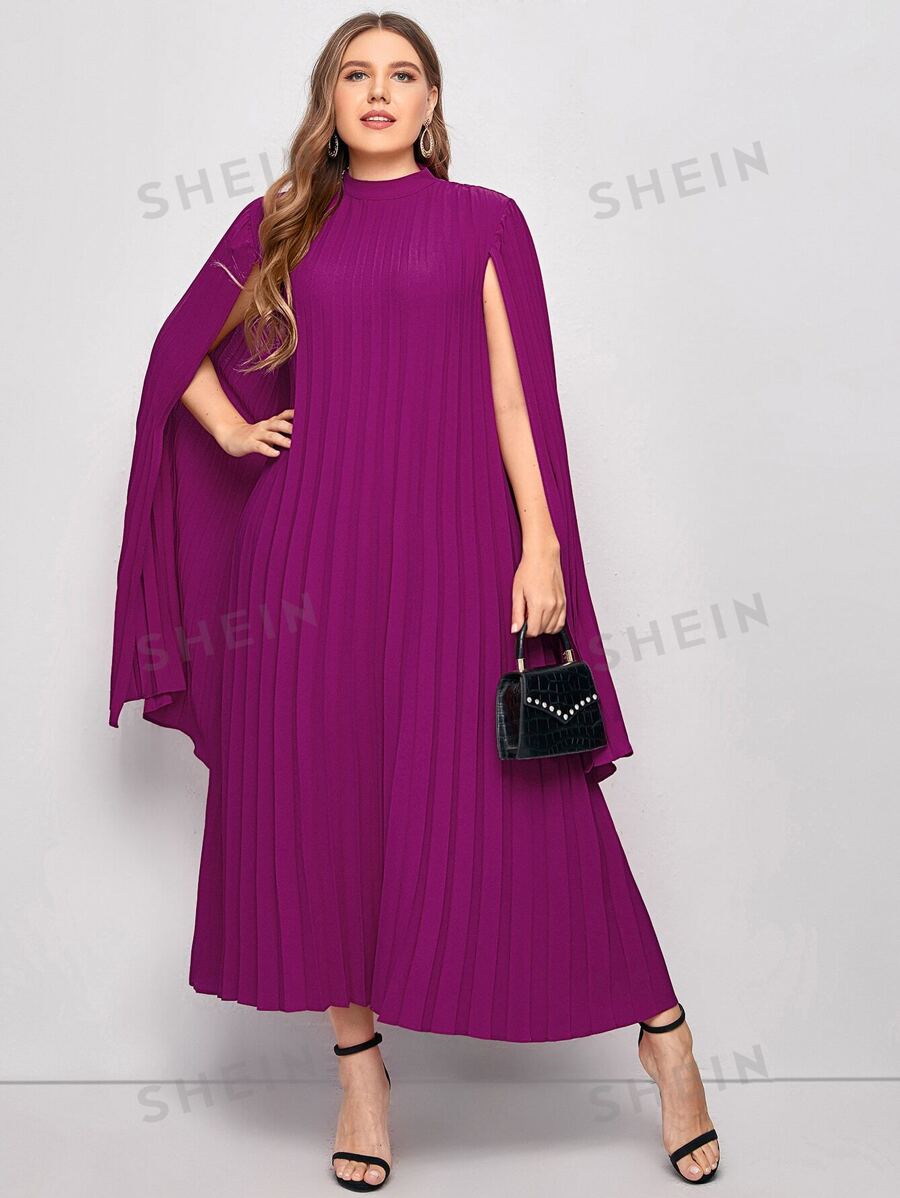 SHEIN Modely Plus Pleated Solid Cape Dress | SHEIN USA