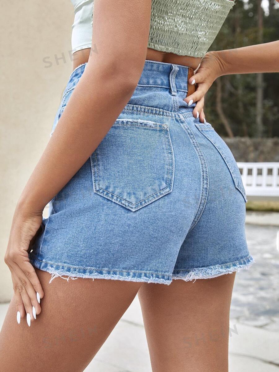 SHEIN Essnce High Waist Ripped Frayed Raw Trim Denim Shorts | SHEIN UK
