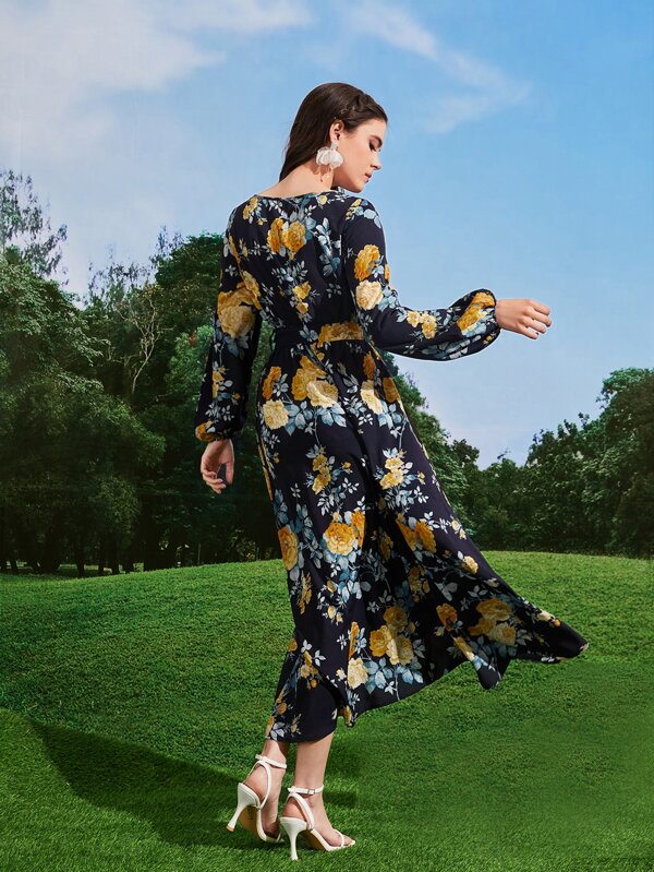Shein Mulvari Floral Print Lantern Sleeve Belted Dress For Sale
