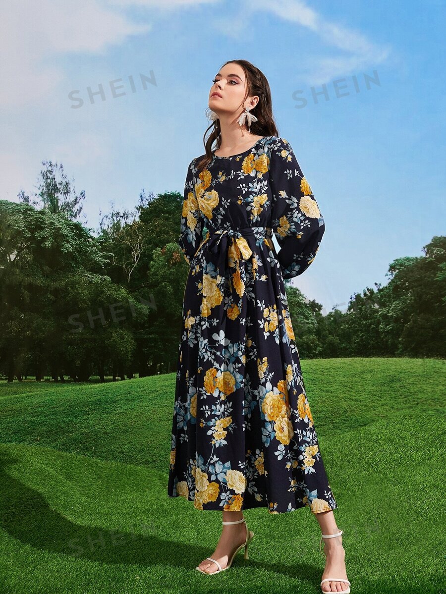 SHEIN Mulvari Floral Print Lantern Sleeve Belted Dress | SHEIN UK