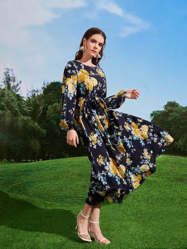 Shein Mulvari Floral Print Lantern Sleeve Belted Dress Shein Usa