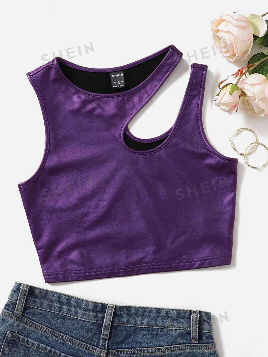 SHEIN EZwear Cut Out Shoulder PU Leather Crop Tank Top | SHEIN UK