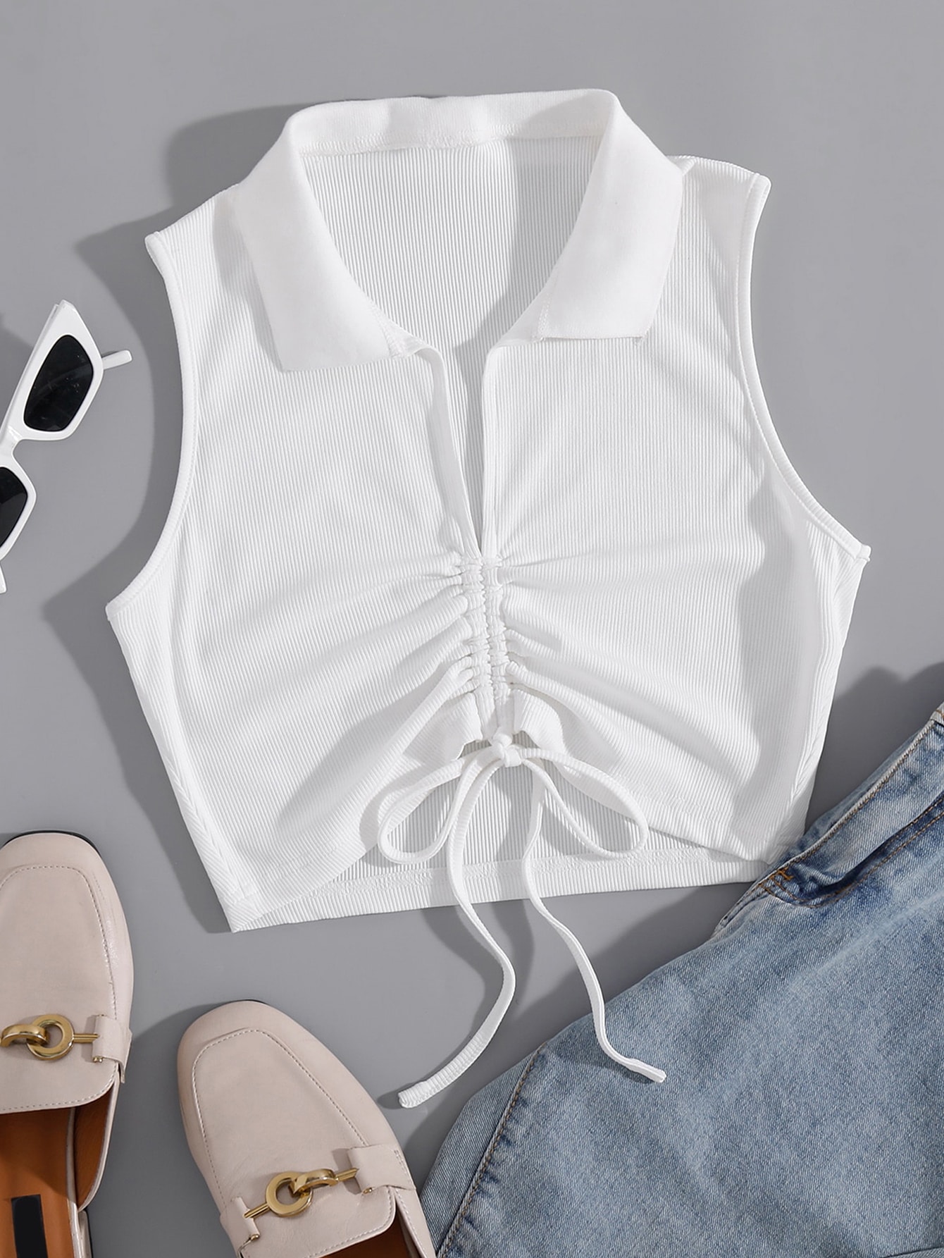 Drawstring Front Ribbed Knit Tank Top Shein Uk
