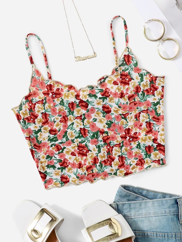 Shein Wywh Top De Tirantes Floral Ribete En Forma De Lechuga Moda De