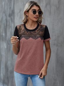 SHEIN LUNE Lace Panel Colorblock Tee | SHEIN USA