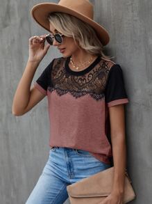 SHEIN LUNE Lace Panel Colorblock Tee | SHEIN USA