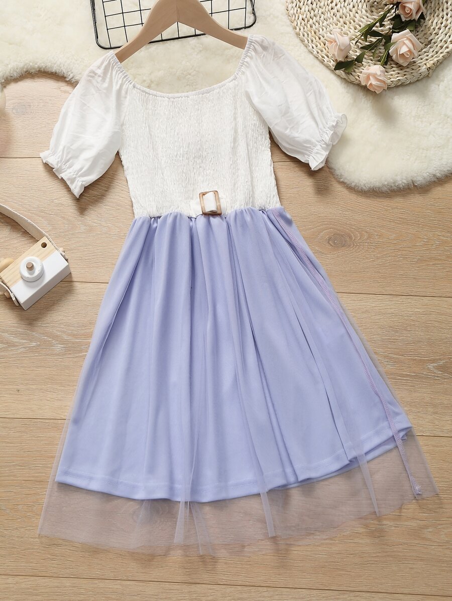 Girls Colorblock Shirred Puff Sleeve Mesh Hem Dress | SHEIN USA