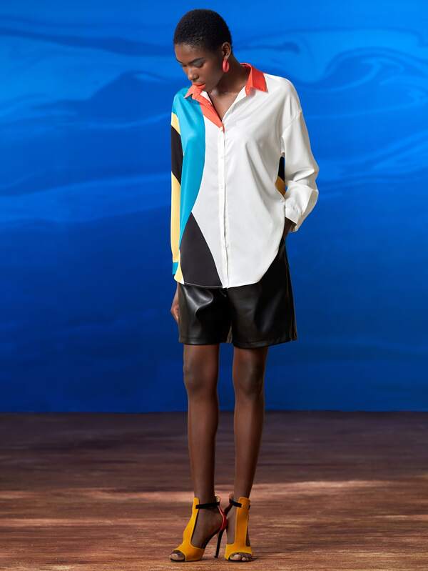 Lilee Colorblock Curved Hem Oversized Blouse | SHEIN USA