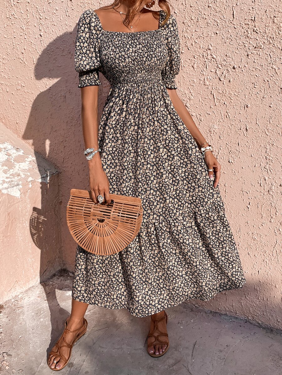 Breezaya Ditsy Floral Print Shirred Puff Sleeve Ruffle Hem Dress | SHEIN USA
