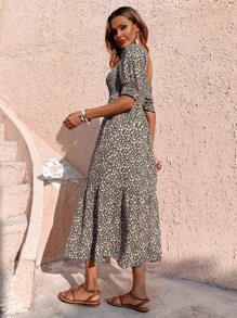 Breezaya Ditsy Floral Print Shirred Puff Sleeve Ruffle Hem Dress | SHEIN USA