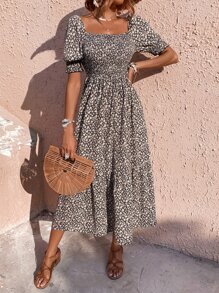 Breezaya Ditsy Floral Print Shirred Puff Sleeve Ruffle Hem Dress | SHEIN USA