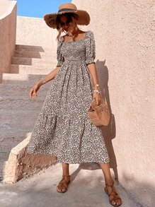 Breezaya Ditsy Floral Print Shirred Puff Sleeve Ruffle Hem Dress | SHEIN USA