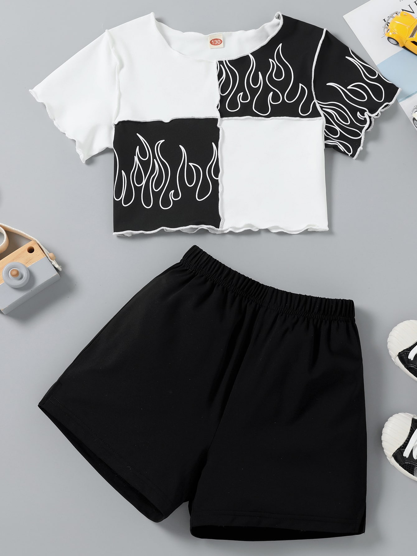 Girls Fire Print Two Tone Lettuce Trim Crop Tee & Shorts