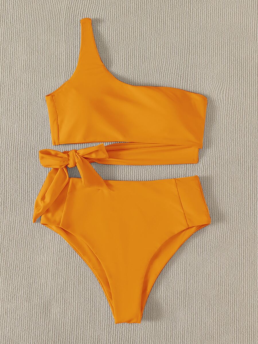 Mono Bikini Set Knot Side One Shoulder Wireless Bikini & High Waist ...