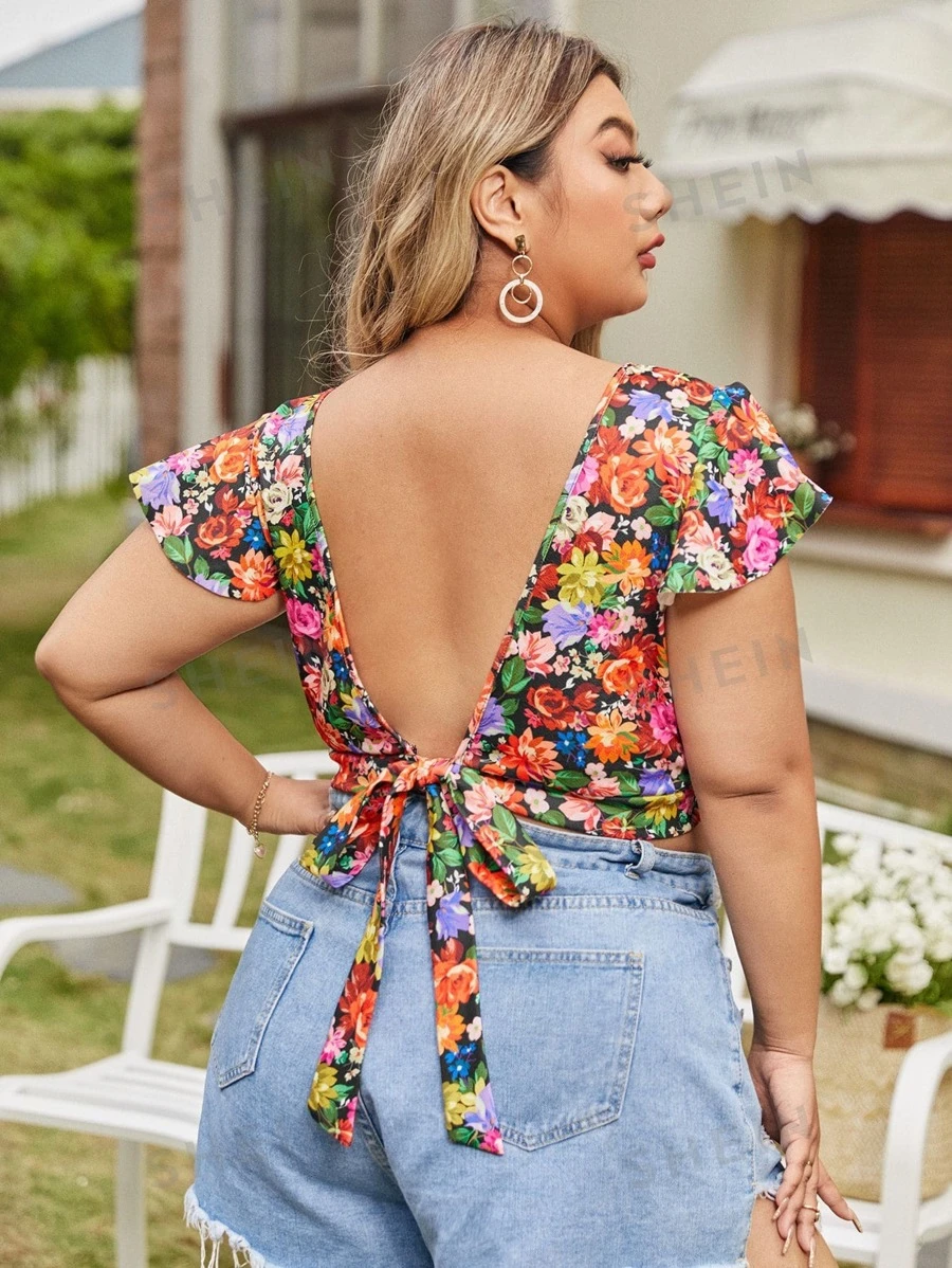Shein Wywh Plus Allover Floral Print Tied Backless Top Shein Usa