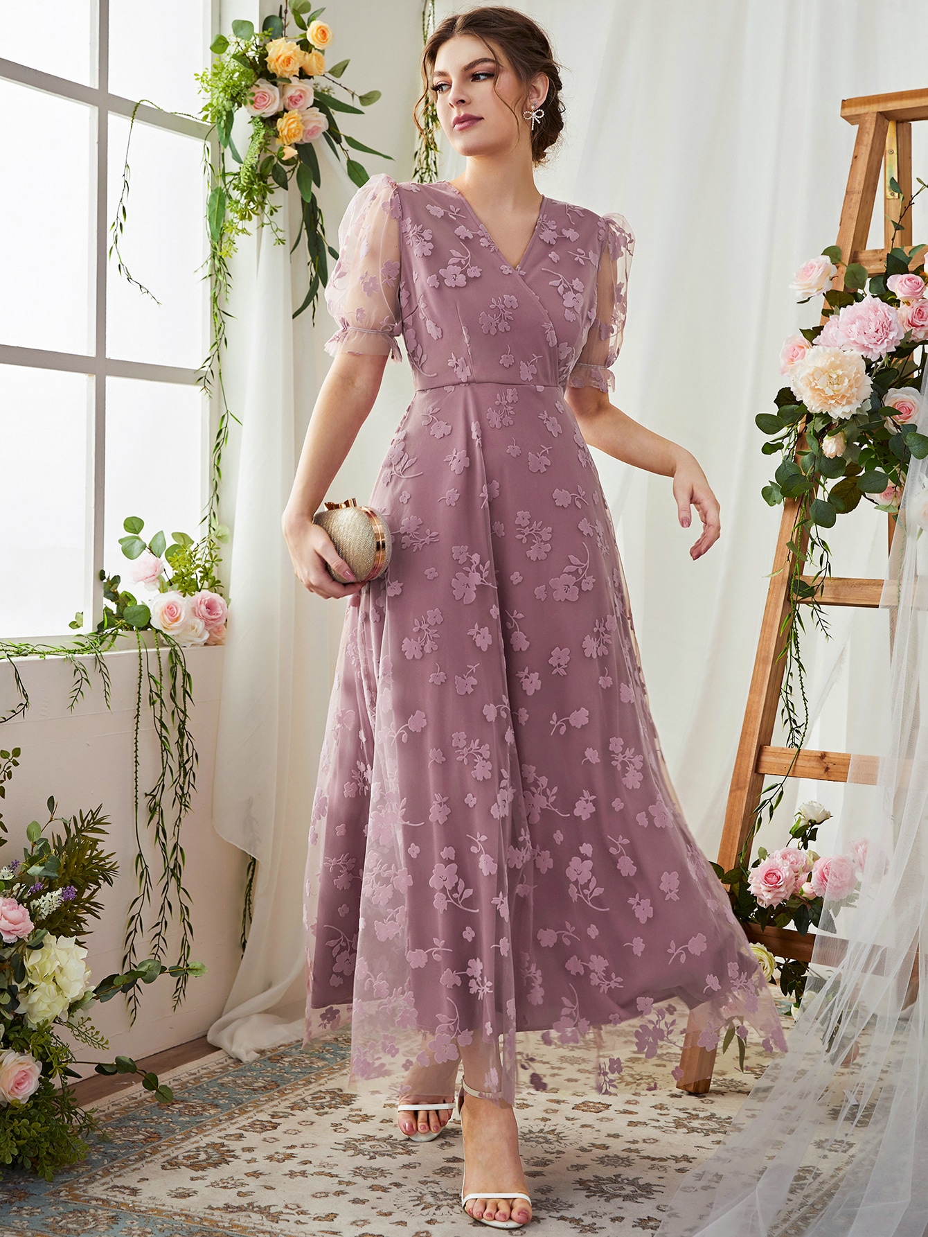 Floral Mesh Panel Wrap Dress | SHEIN UK