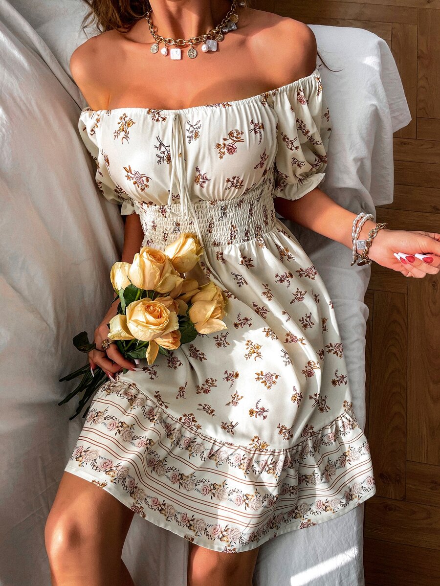 SHEIN Frenchy Floral Print Square Neck Tie Front Shirred Waist Ruffle Hem Dress | SHEIN UK