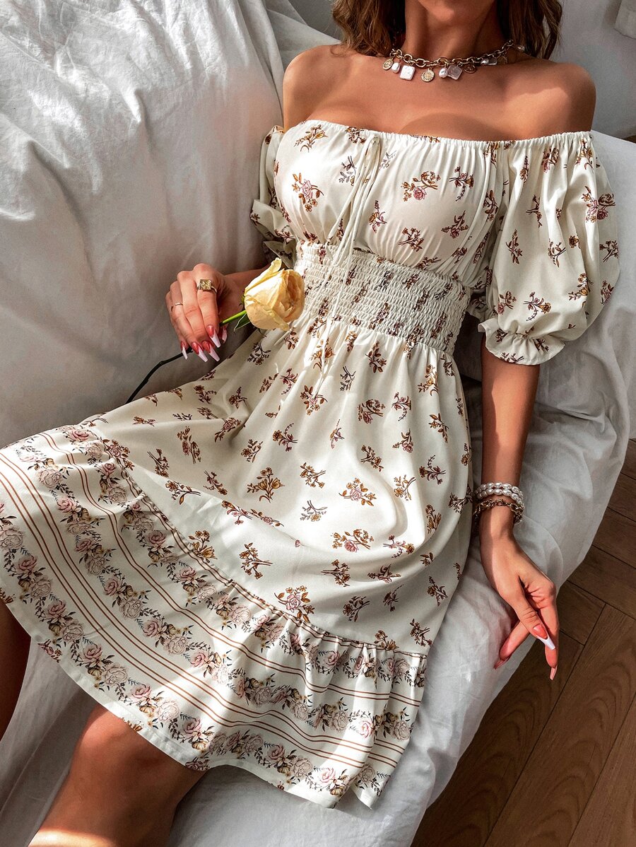 SHEIN Frenchy Floral Print Square Neck Tie Front Shirred Waist Ruffle Hem Dress | SHEIN UK