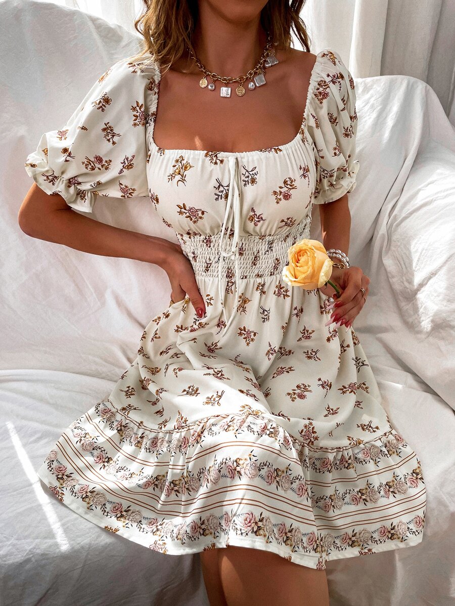 SHEIN Frenchy Floral Print Square Neck Tie Front Shirred Waist Ruffle Hem Dress | SHEIN UK