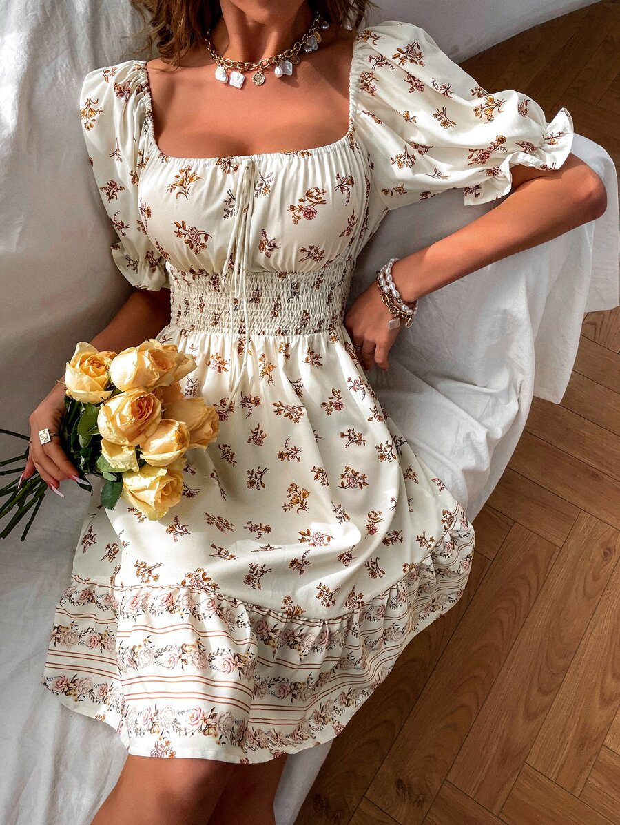 SHEIN Frenchy Floral Print Square Neck Tie Front Shirred Waist Ruffle Hem Dress | SHEIN UK