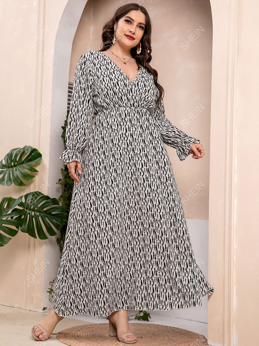 SHEIN Mulvari Vestido línea A maxi con estampado de manga con volante ...