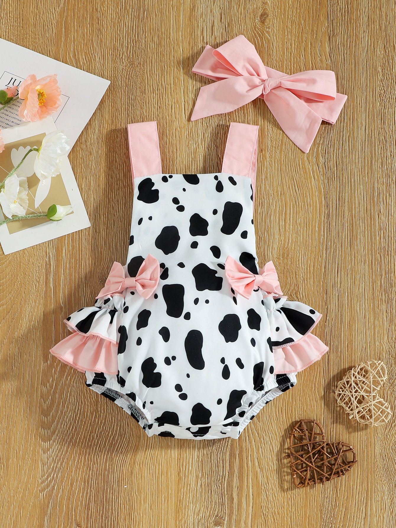 Bebé Body con estampado de vaca a capas ribete con fruncido con lazo ...