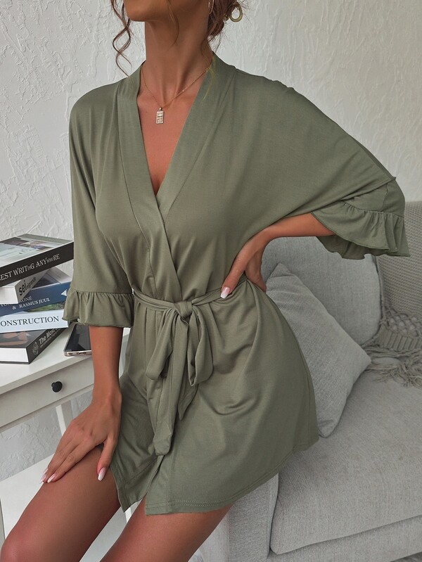 Open Front Ruffle Detail Belted Robe | SHEIN USA