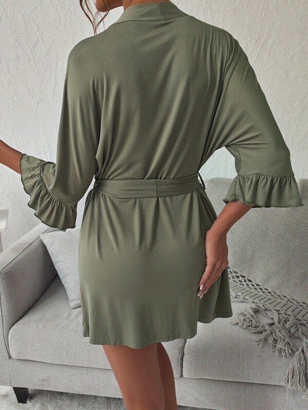 Open Front Ruffle Detail Belted Robe | SHEIN USA