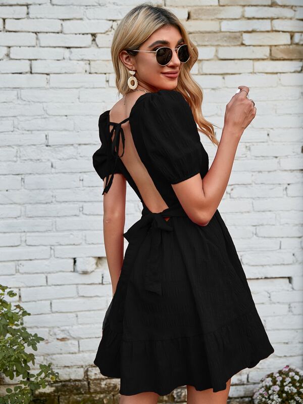 SHEIN VCAY Puff Sleeve Tied Open Back Dress | SHEIN South Africa